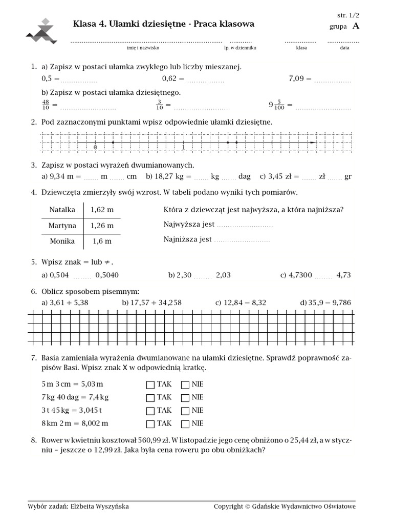 Ułamki Dziesiętne - Praca Klasowa | PDF