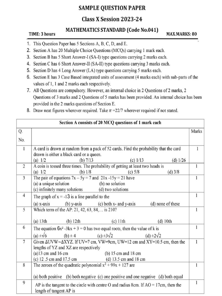 Sample Paper 1 (Standard) .... | PDF | Triangle | Circle