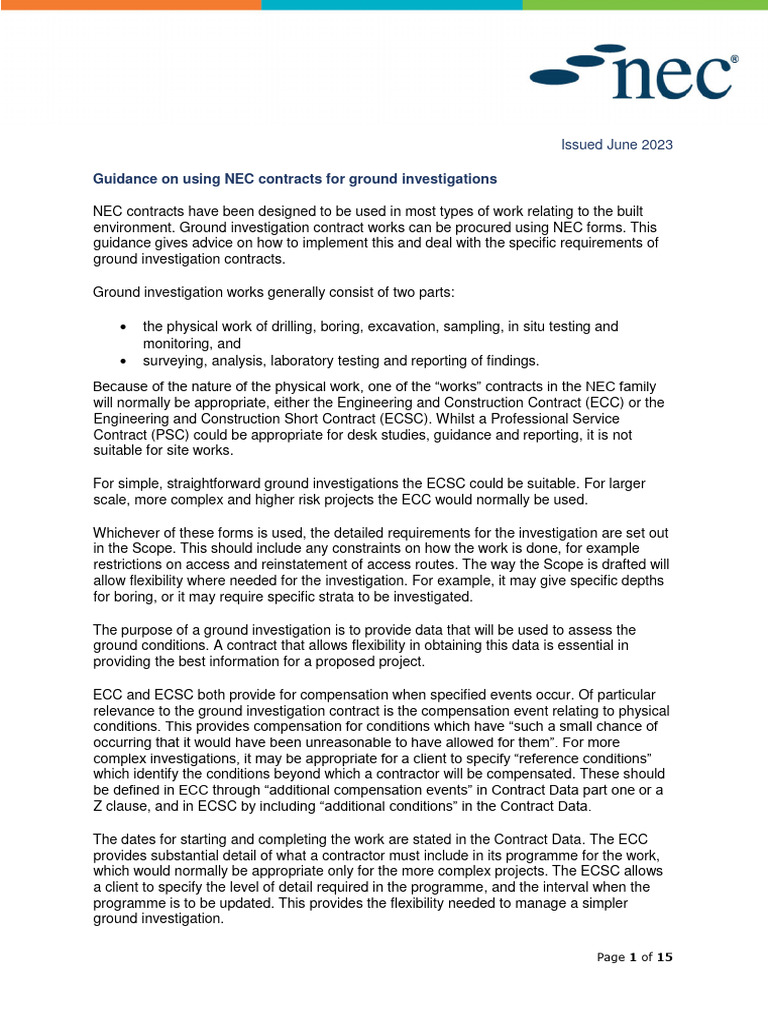 NEC Guidance for Ground Investigations | PDF | Specification (Technical ...