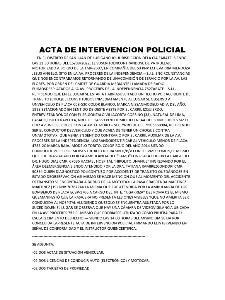 ACTAS DE INTERVENCION POLICIAL | PDF | Seguridad Pública | Peligros