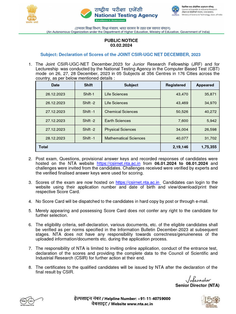 CSIR-UGC NET December 2023 Scores Released | PDF | Science