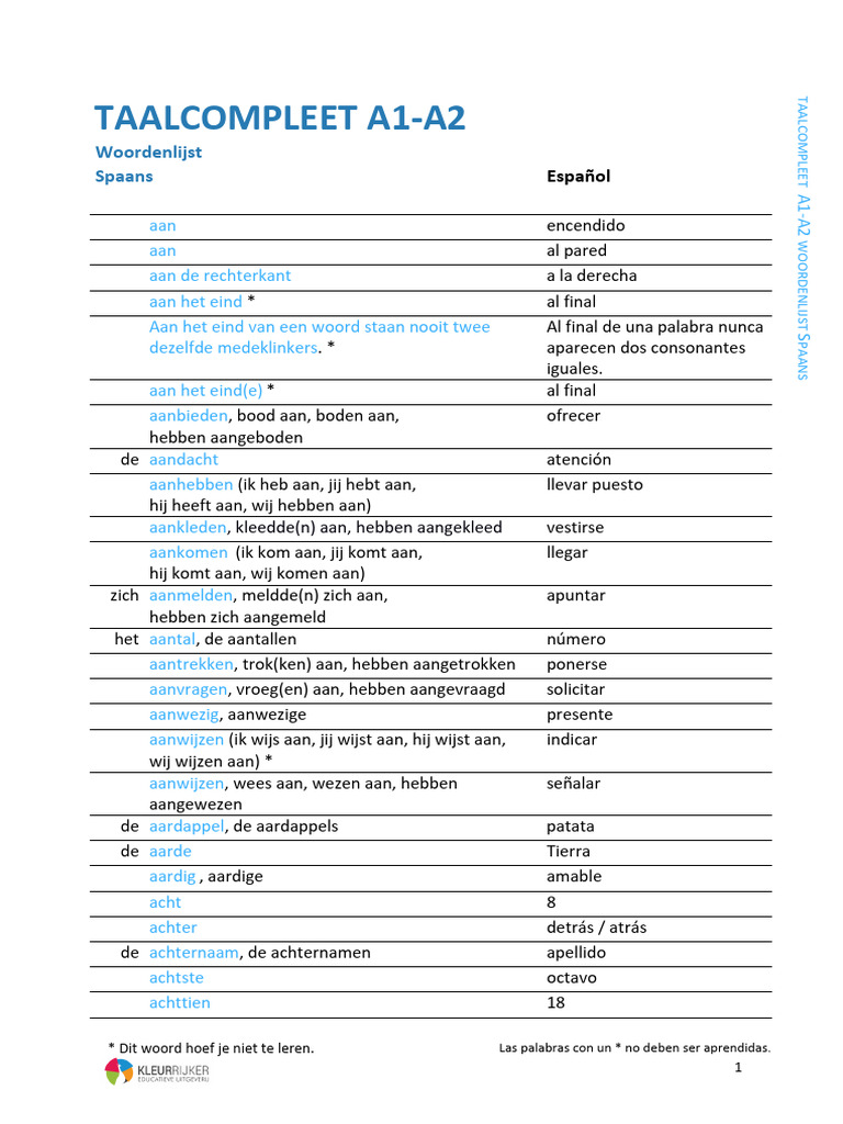 Vocabulario A1-A2 TAALCOMPLEET | PDF