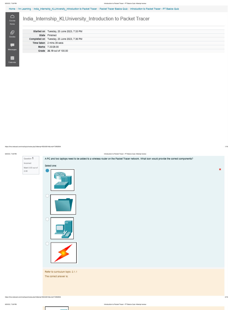 Introduction To Packet Tracer - PT Basics Quiz - Attempt Review | PDF | Router (Computing ...