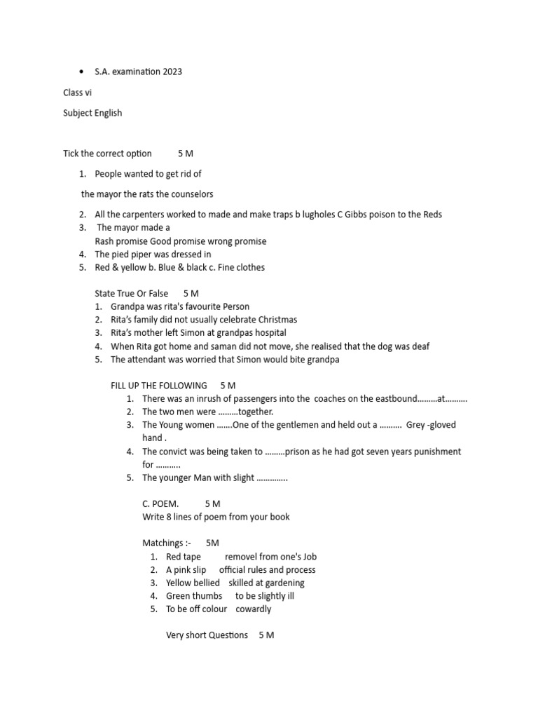 Class VI English S.A. 1 | PDF | Linguistics | Syntax