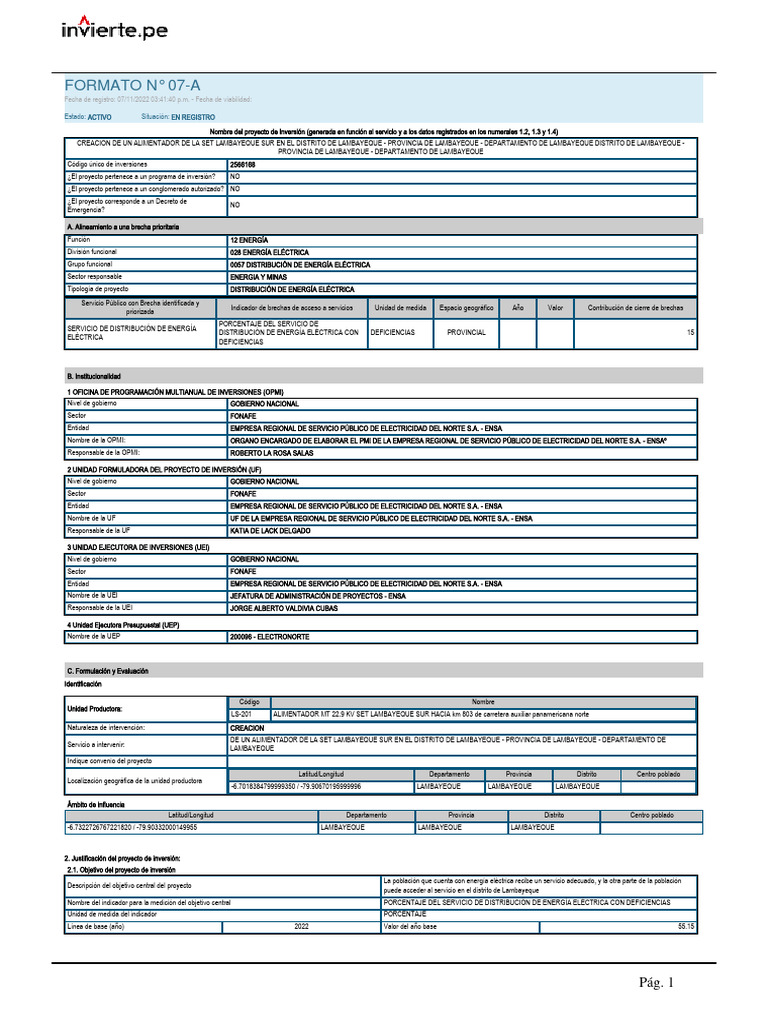 FORMATO #07-A Creación de AMTs Lambayeque Sur - 10.11.22 | PDF | Business | Inversiones