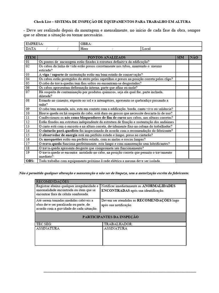 Check List de Inspeção para Trabalho em Altura | PDF | Casa e Jardim ...