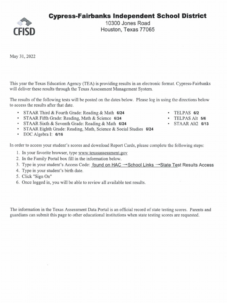 STAAR and Telpas Letter | PDF