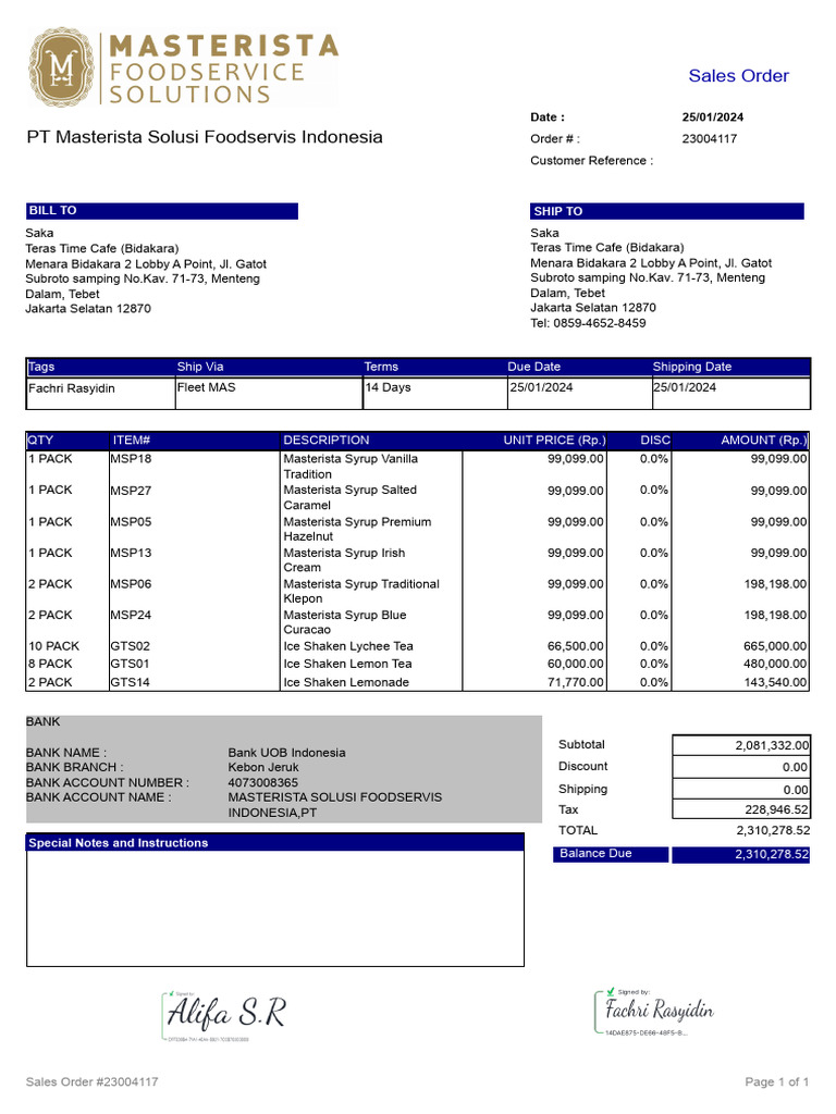 Sales Order - 240124 - Teras Time Cafe (Bidakara) (Signed) | PDF ...
