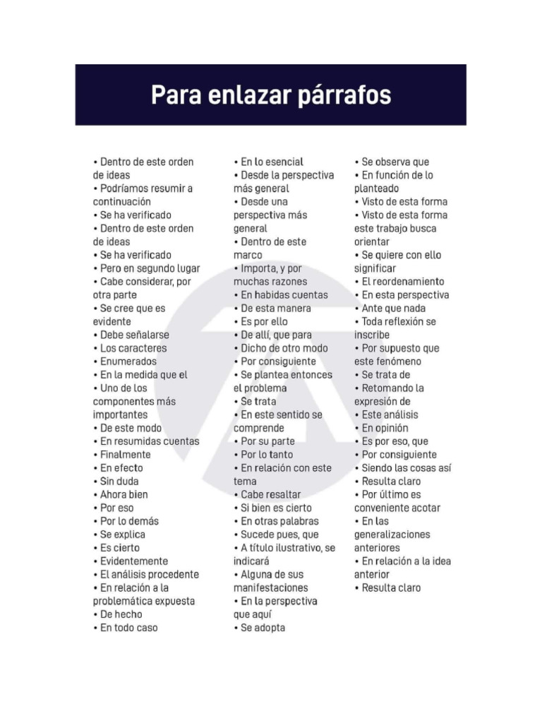 Conectores Gramaticales para Enlazar Párrafos | PDF
