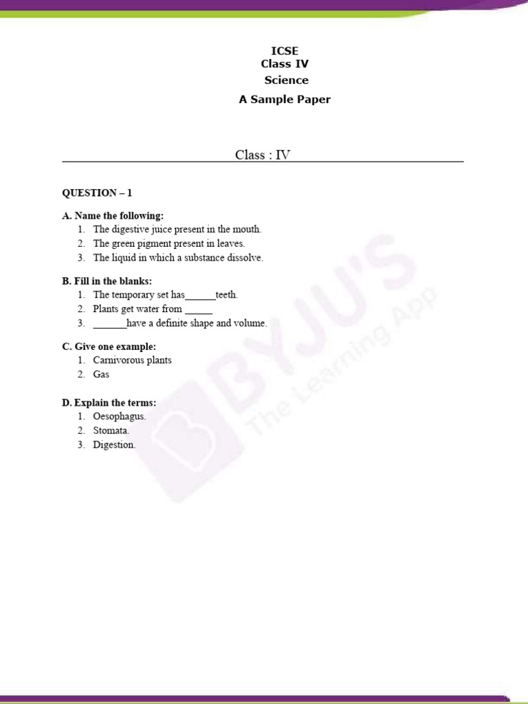 ICSE Class 4 Science Sample Paper | PDF