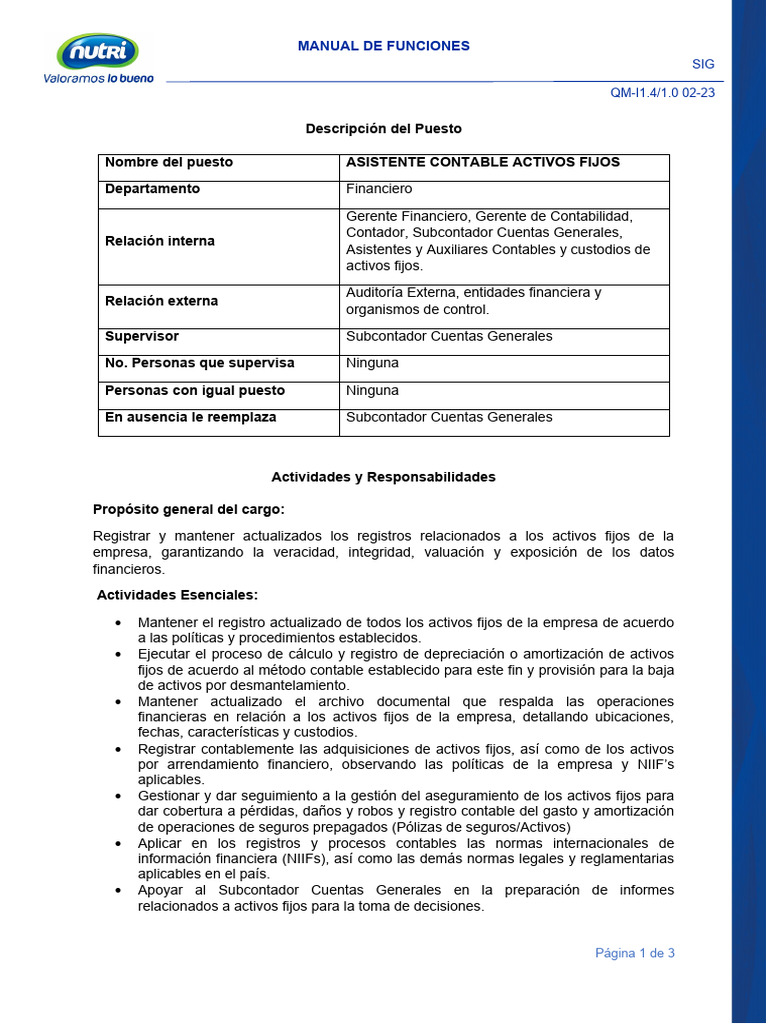 Manual de Funciones Asistente Contable Activos Fijos | PDF | Contabilidad | Auditoría