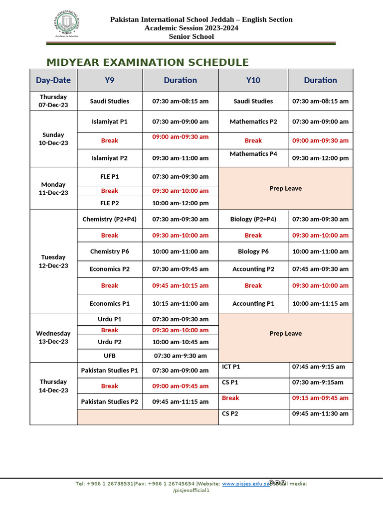 Y9-Y10 Mid-Year Exam Schedule and Timings 2023-24 | PDF