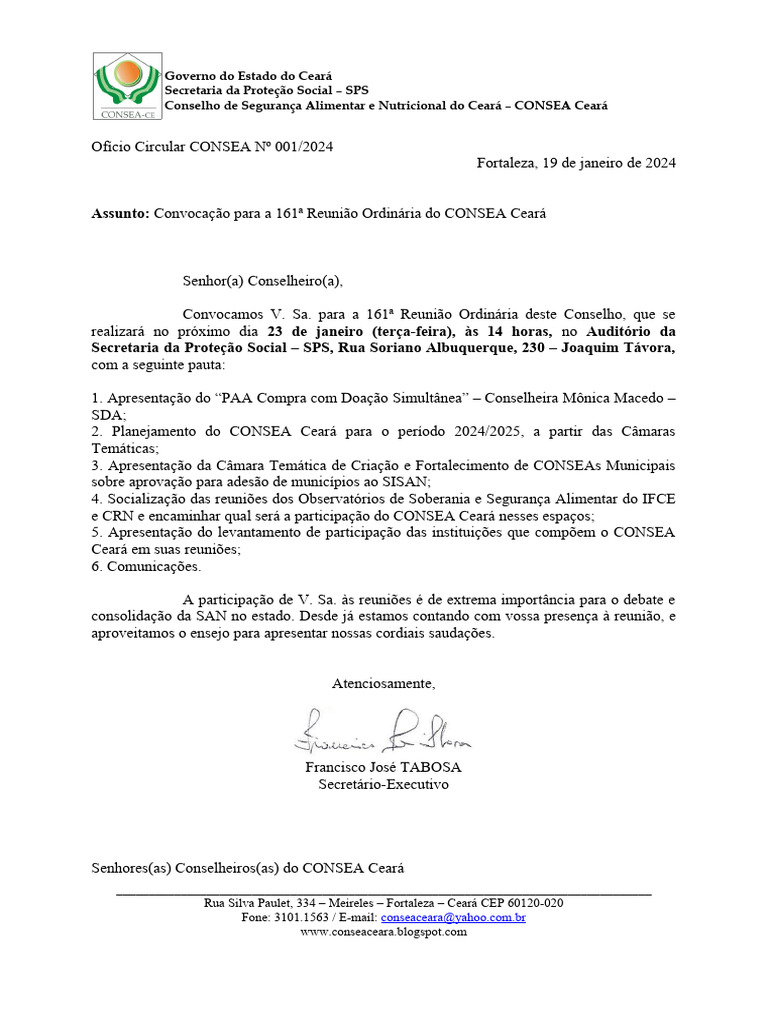 Convocação 161ª Reunião CONSEA Ceará | PDF