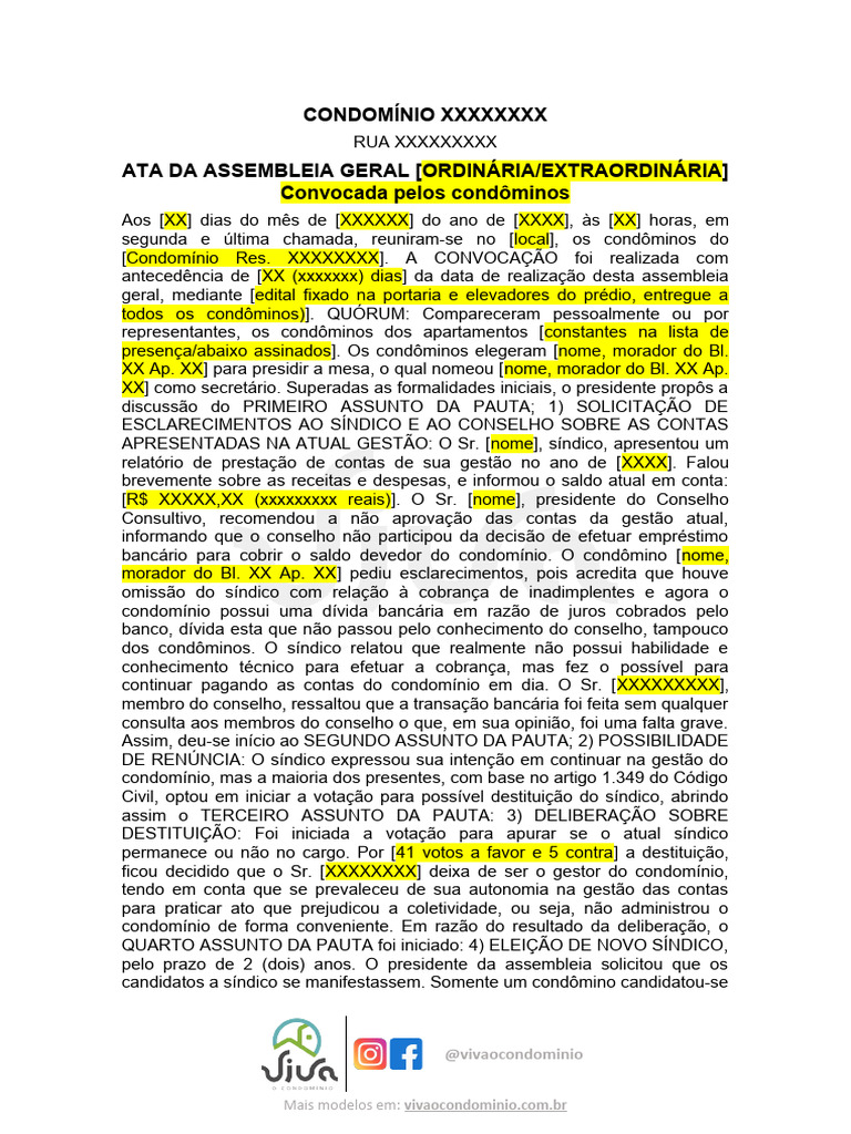 Ata de Assembleia - Destituicao Sindico | PDF | Condomínio | Eleições