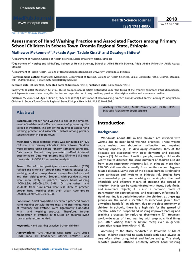 Assessment of Hand Washing Practice and | PDF | Hand Washing | Hygiene