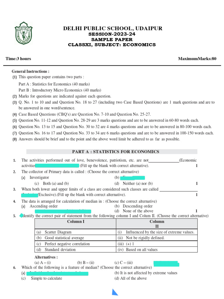 Economics Sample Paper Class 11th 23-24 - 240205 - 124435 | PDF ...