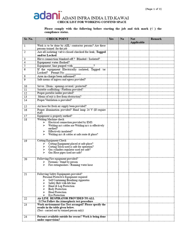 Confined Space Safety Checklist | PDF | Occupational Safety And Health | Gases