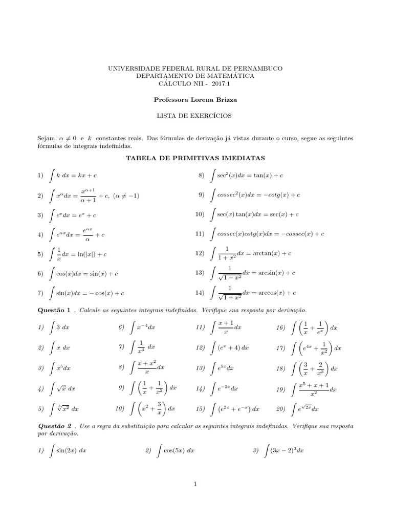 Tabela de Primitivas e Integrais | PDF | Analise matemática | Matemática