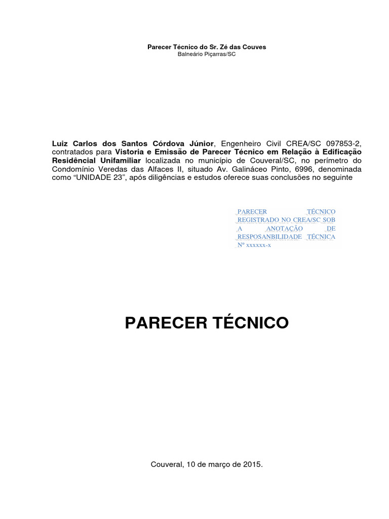Parecer Técnico - Exemplo | PDF | Argamassa (alvenaria) | Engenharia Civil Parecer Técnico - Exemplo | PDF | Argamassa (alvenaria) | Engenharia Civil