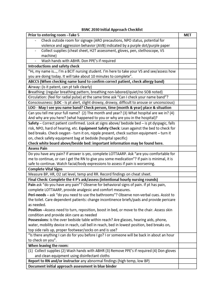 BSNC 2030 Initial Approach Checklist | PDF | Pain | Personal Protective ...