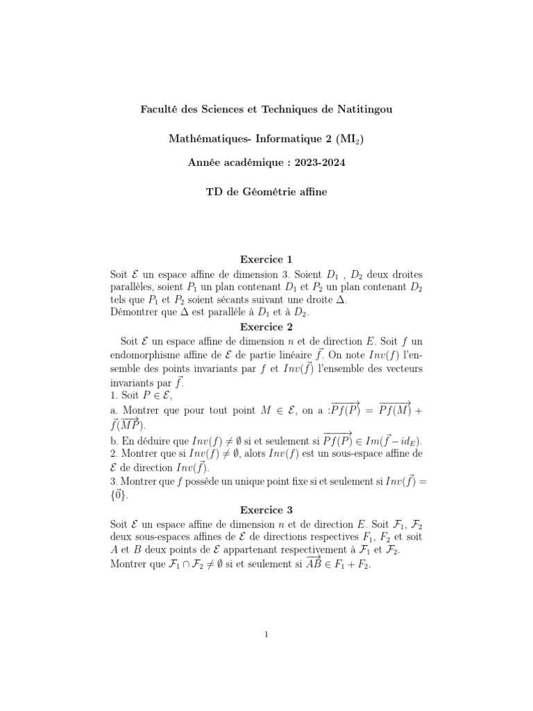 Exercices corrigés de géométrie affine | PDF | Base (algèbre linéaire ...