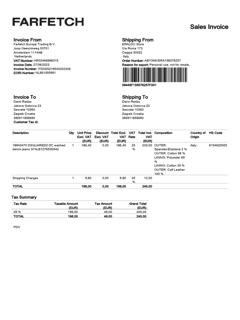 DSQUARED2 Invoice for Zagreb Customer | PDF | Value Added Tax | Invoice