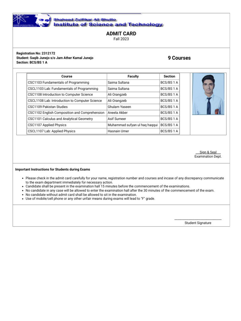 SZABIST Karachi Admit Card - Fall 2023 | PDF