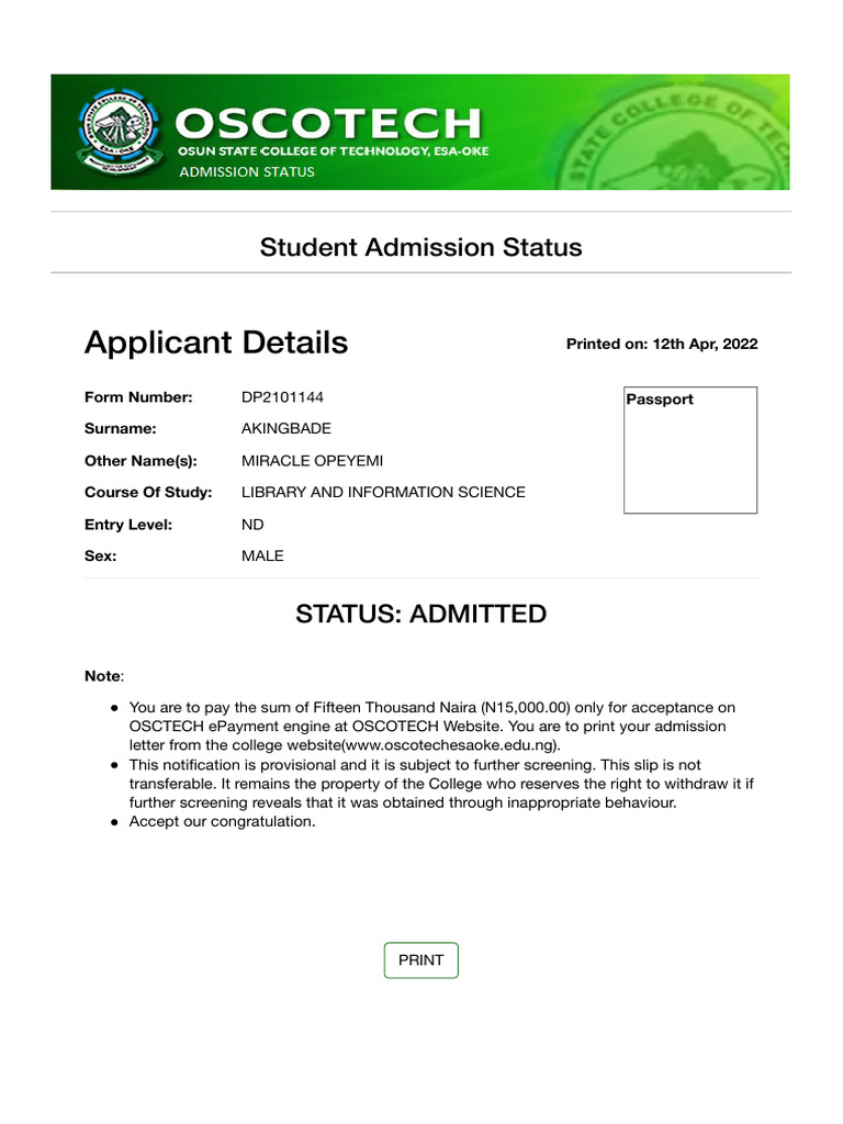 OSCOTECH 2021-2022 - Admission Status | PDF