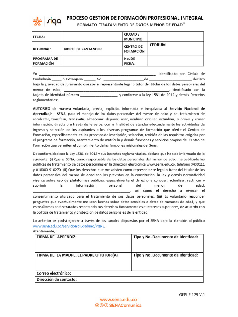 GFPI-F-129 Formato Tratamiento de Datos Menor de Edad | PDF | Justicia | Crimen y violencia