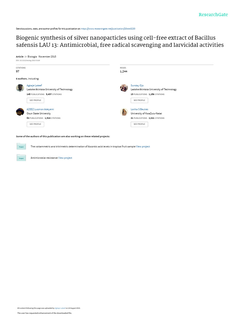 Biogenic Synthesis of Silver Nanoparticles Using Cell-Free Extract | PDF | Chemistry