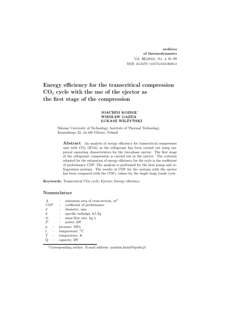 Energy Efficiency For The Transcritical Compression CO2 Cycle With The Use of The Ejector As The ...