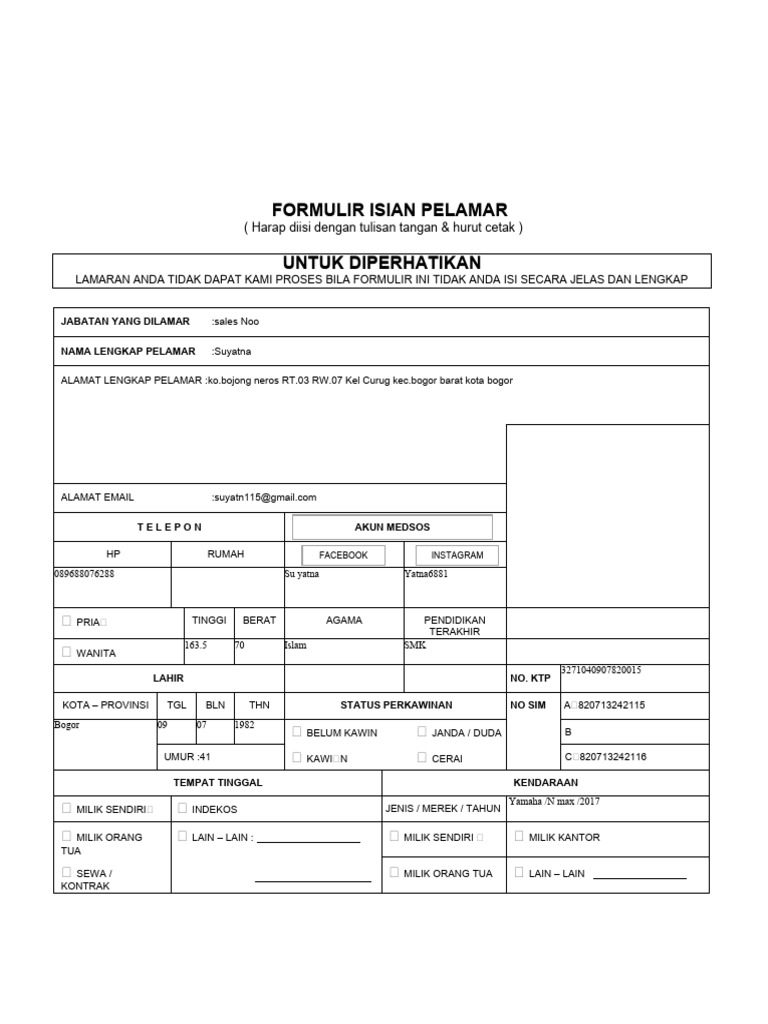 Sudah Isi Formulir Isian Pelamar Mowilex | PDF