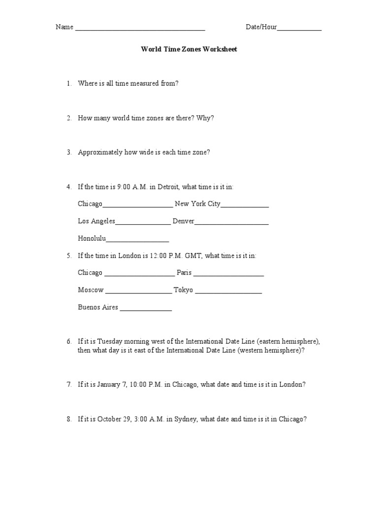 World Time Zones Worksheet | PDF | Celestial Mechanics | Astronomy