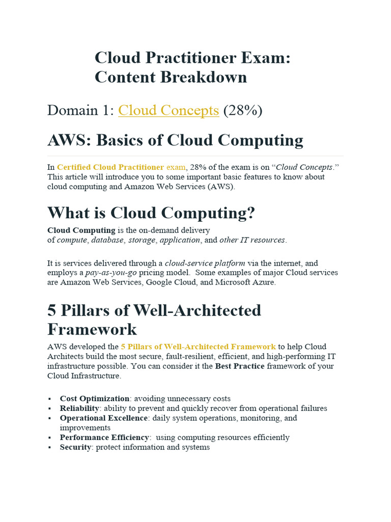 Cloud Practitioner Exam Content Pdf Cloud Computing Amazon Web