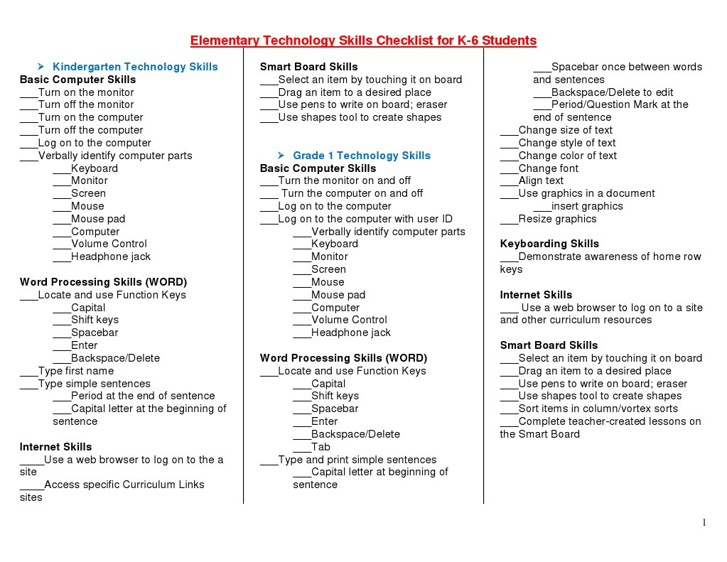 K-6 Elementary Technology Skills Checklist | PDF | Spreadsheet | Hyperlink