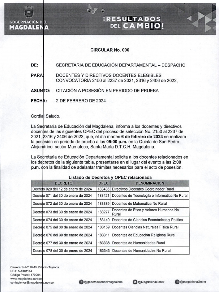 Circular 006 de 02 de Febrero de 2024 | PDF