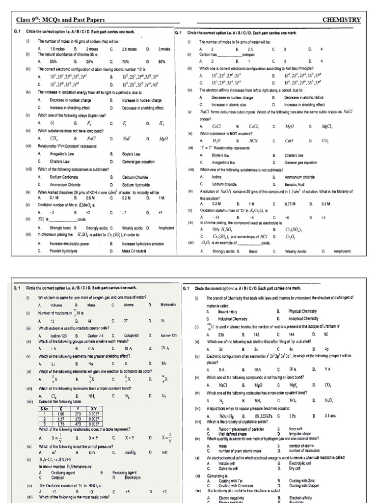 9th Class Chemistry Past Papers & MCQs | PDF | Atoms | Chemical Bond