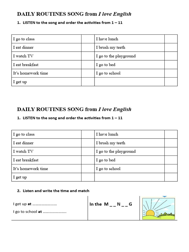 Daily Routines Song Worksheet | PDF
