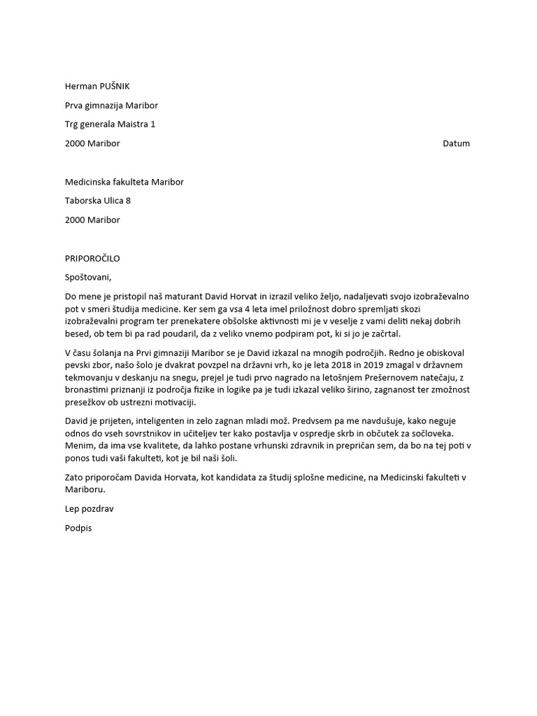 Priporočilno Pismo- David Horvat | PDF