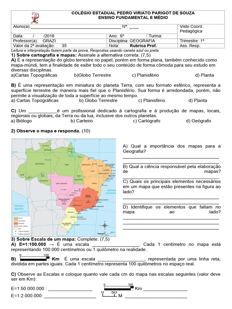 Prova de Geografia 6º Ano: Cartografia e Mapas | PDF | Cartografia | Geografia
