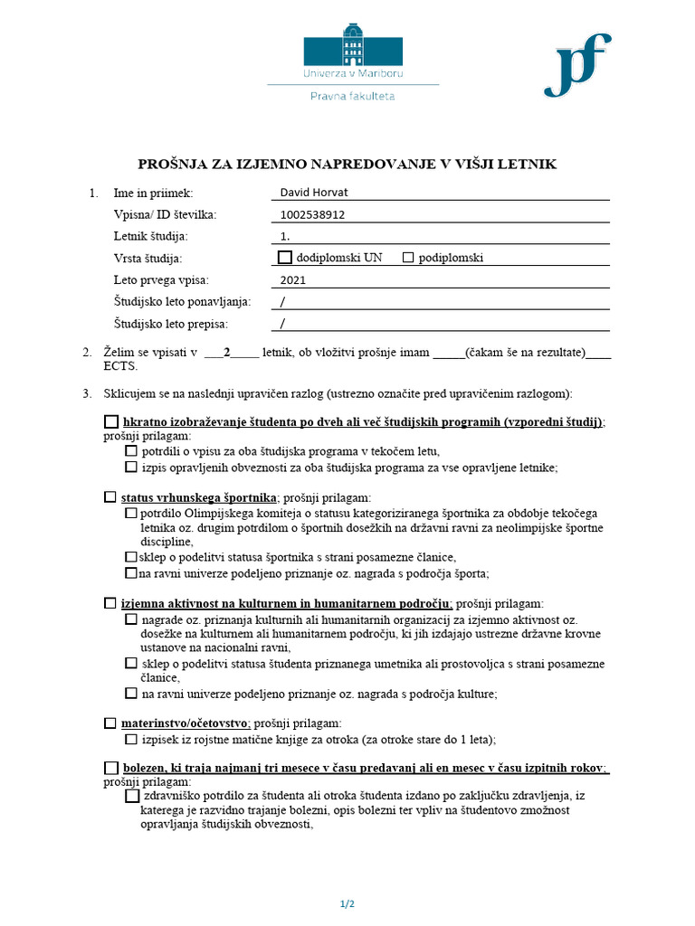 Prosnja Za Izjemno Napredovanje V Visji Letnik | PDF