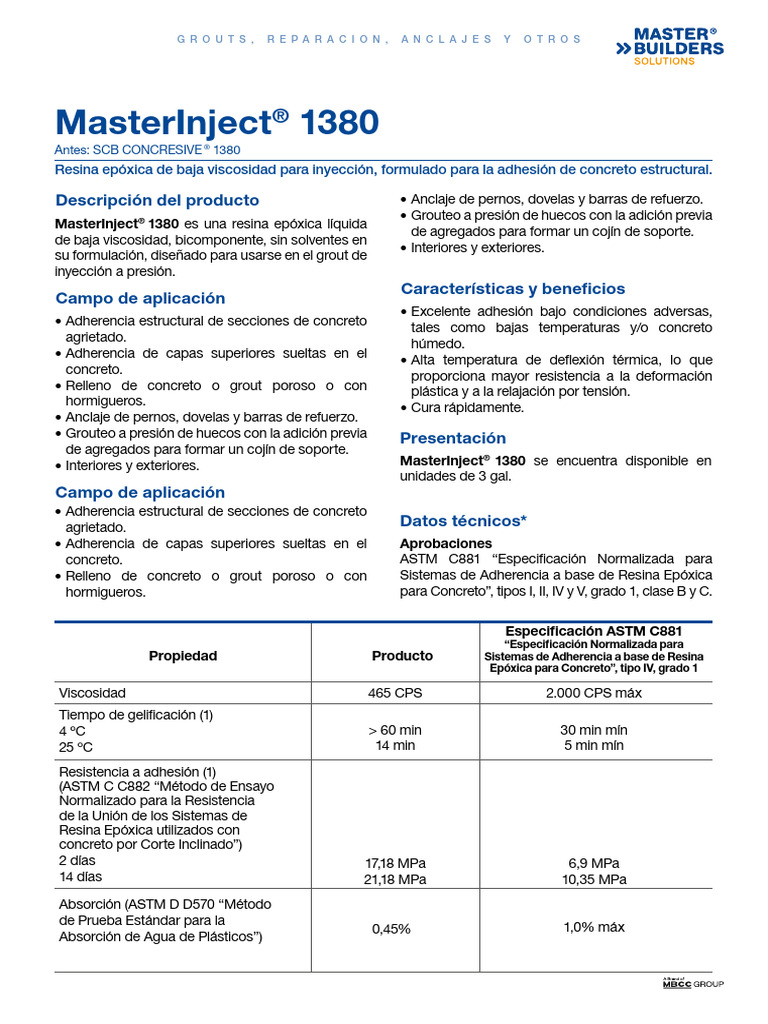 Masterinject 1380 Ficha Técnica | PDF | Hormigón | Agua