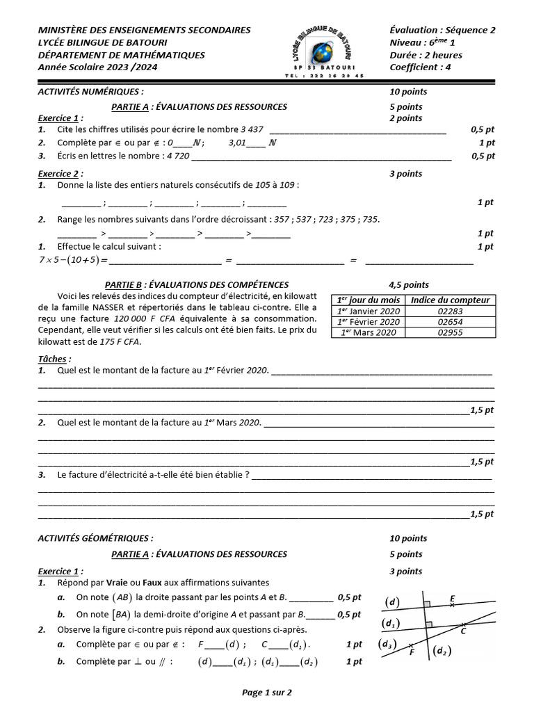 Évaluation de Maths 6ème - Séquence 2 | PDF | Mathématiques
