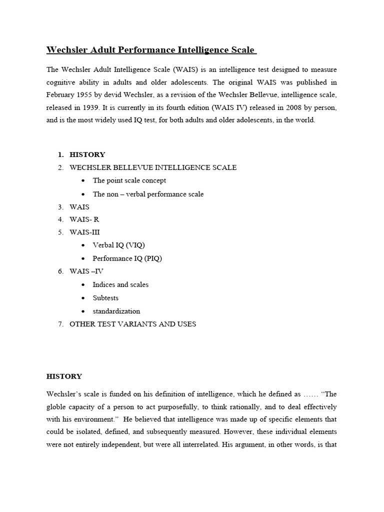 Wechsler Adult Performance Intelligence Scale | PDF | Wechsler Adult ...