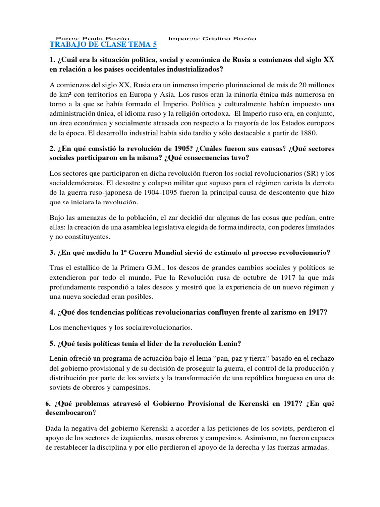 Trabajo de Clase Tema 5 | PDF | Vladimir Lenin | Imperio ruso