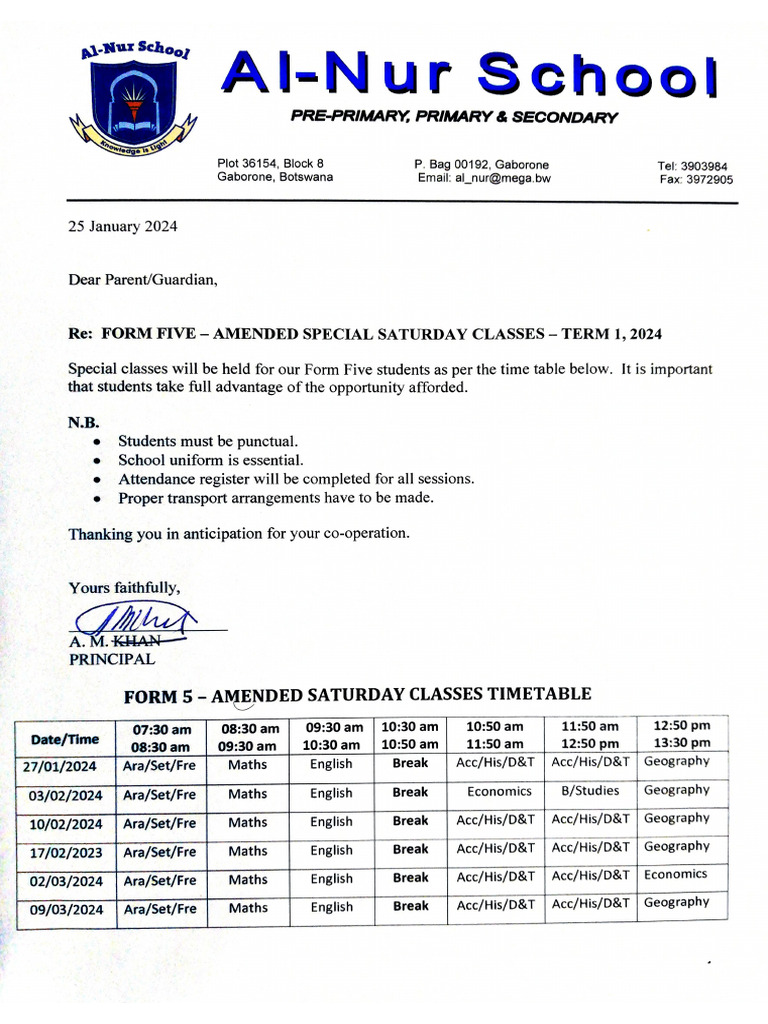 Form 5 Amended Saturday Timetable Term 1 2024 | PDF