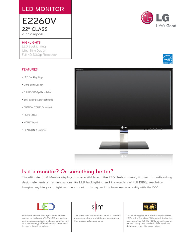 LG LED Monitor E2260V Specification | PDF | Display Resolution ...
