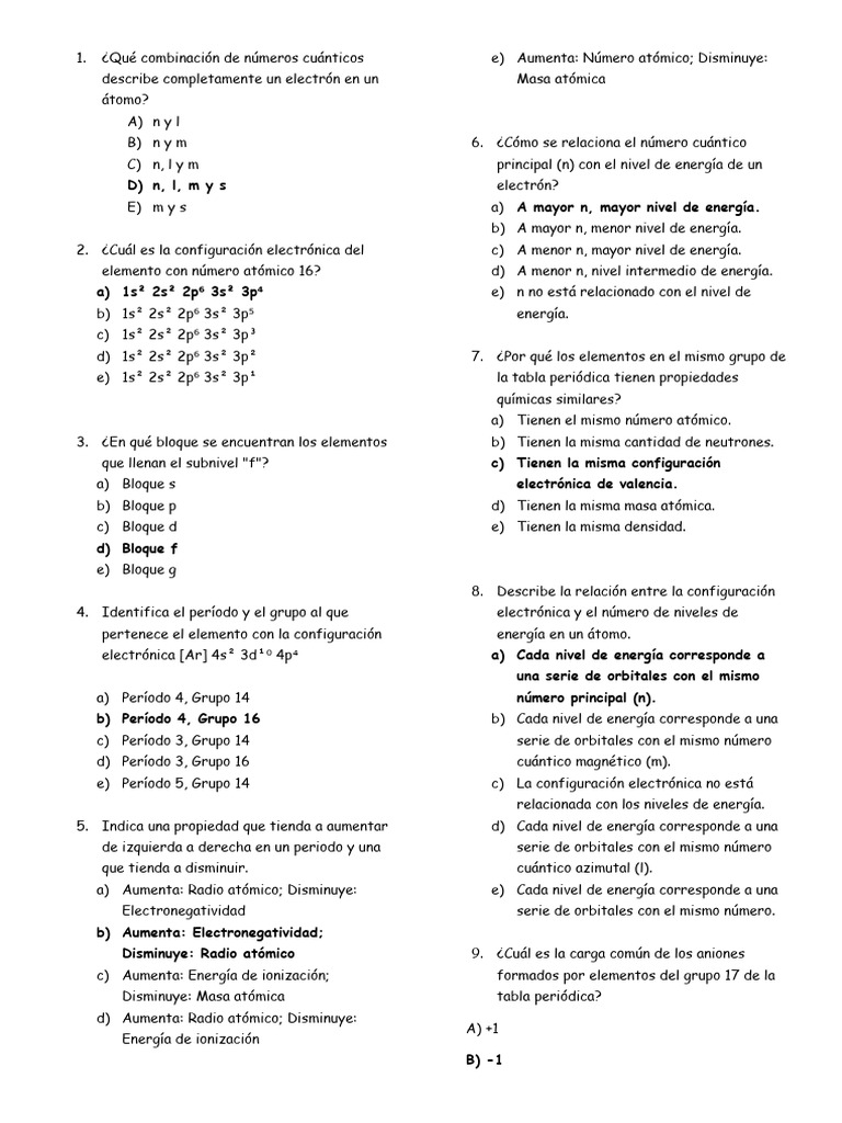 Examen N 2 De Quimica Pdf Configuración Electronica Átomos