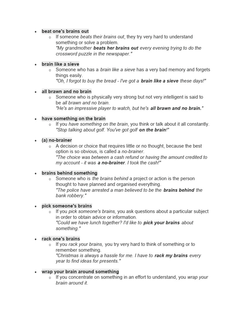 Brain Idioms and Their Meanings | PDF
