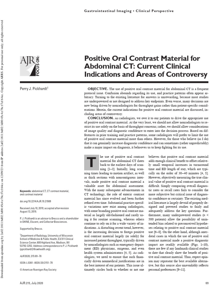 Pickhardt 2020 Positive Oral Contrast Material For Abdominal CT Current ...